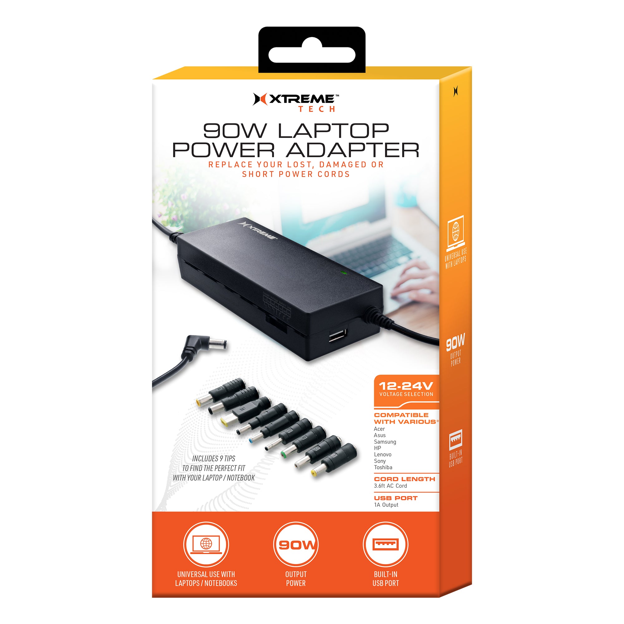 90W Universal Laptop Charger with 9 Tips & USB Port - Multi-Voltage AC