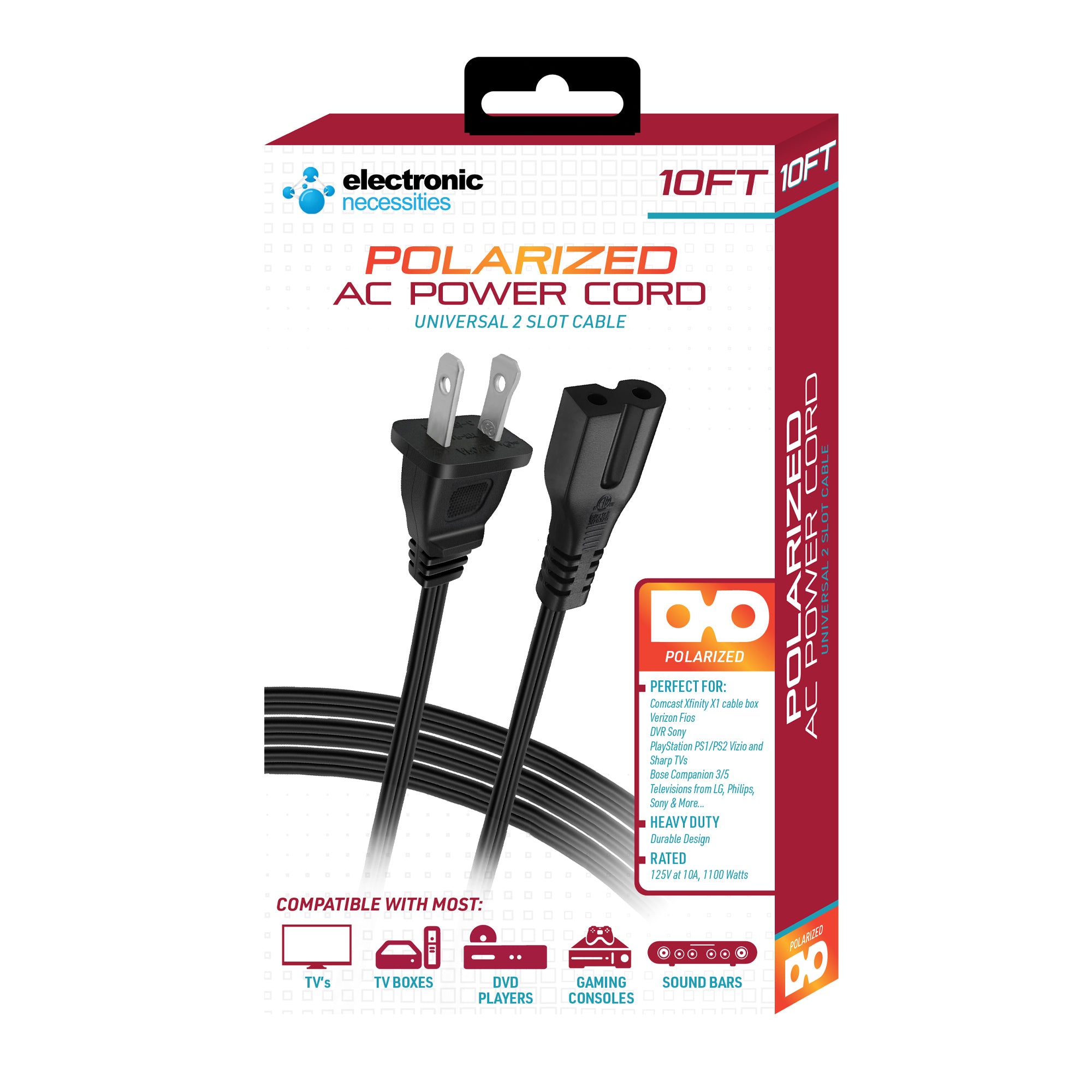 10ft Polarized AC 2-Slot Power Cord for TV, Gaming Consoles, DVD Playe